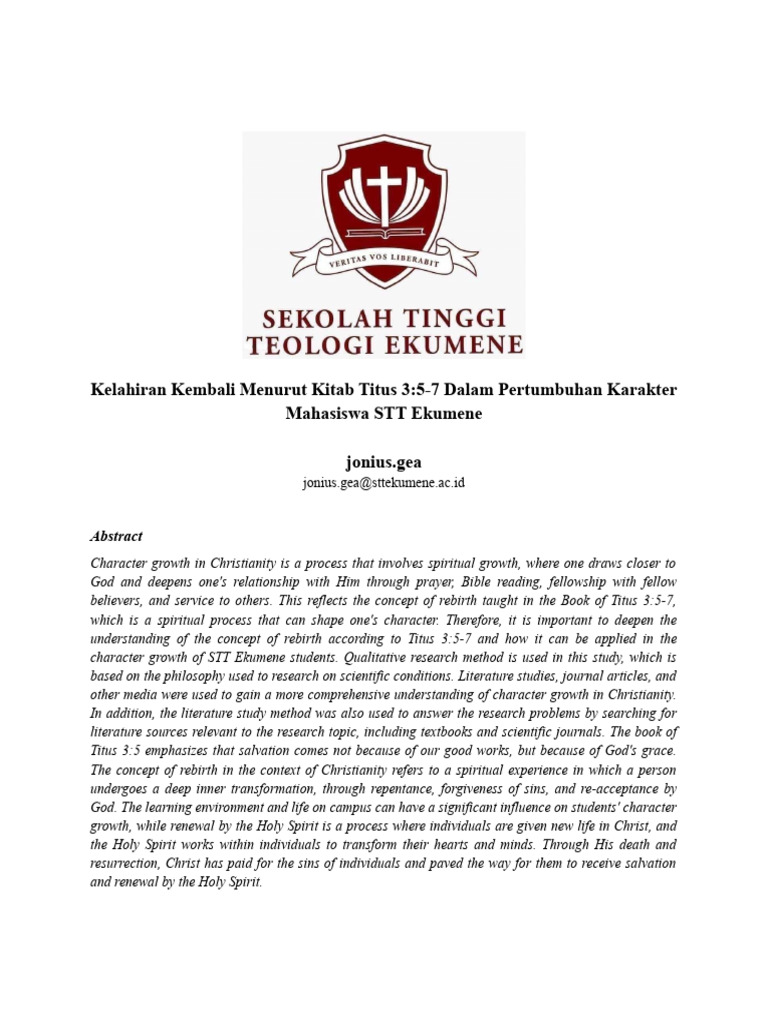 Review-Kelahiran Kembali Menurut Kitab Titus Dalam Pertumbuhan Karakter Mahasiswa STT Ekumene ...