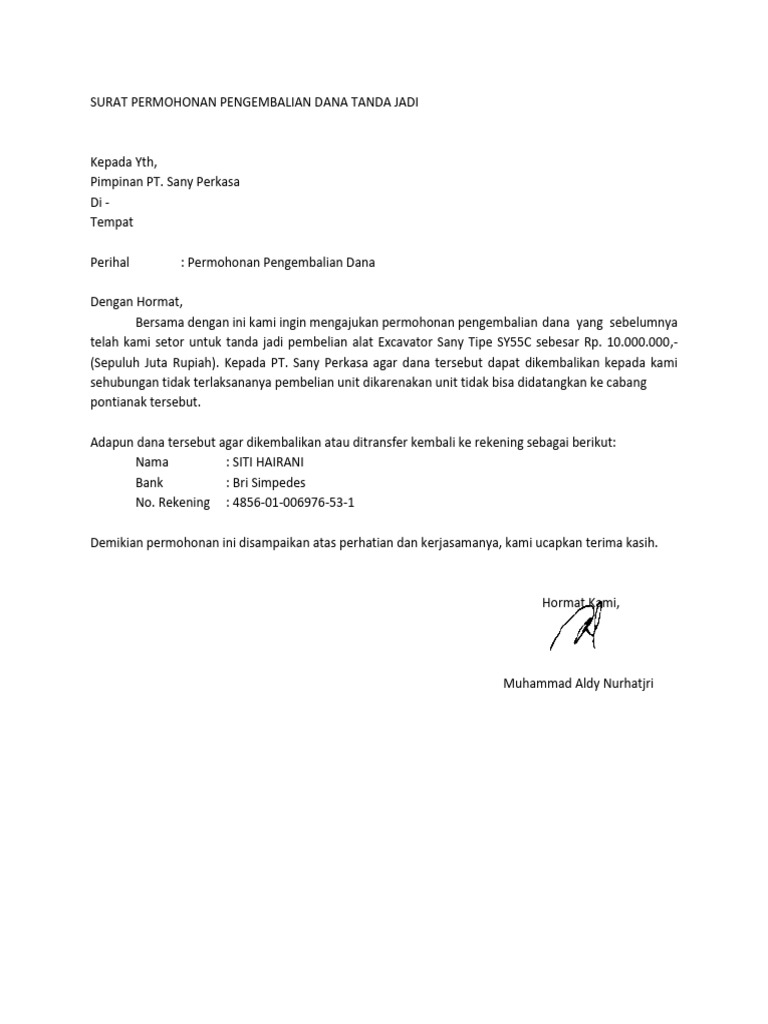 Surat Permohonan Pengembalian Dana Tanda Jadi | PDF