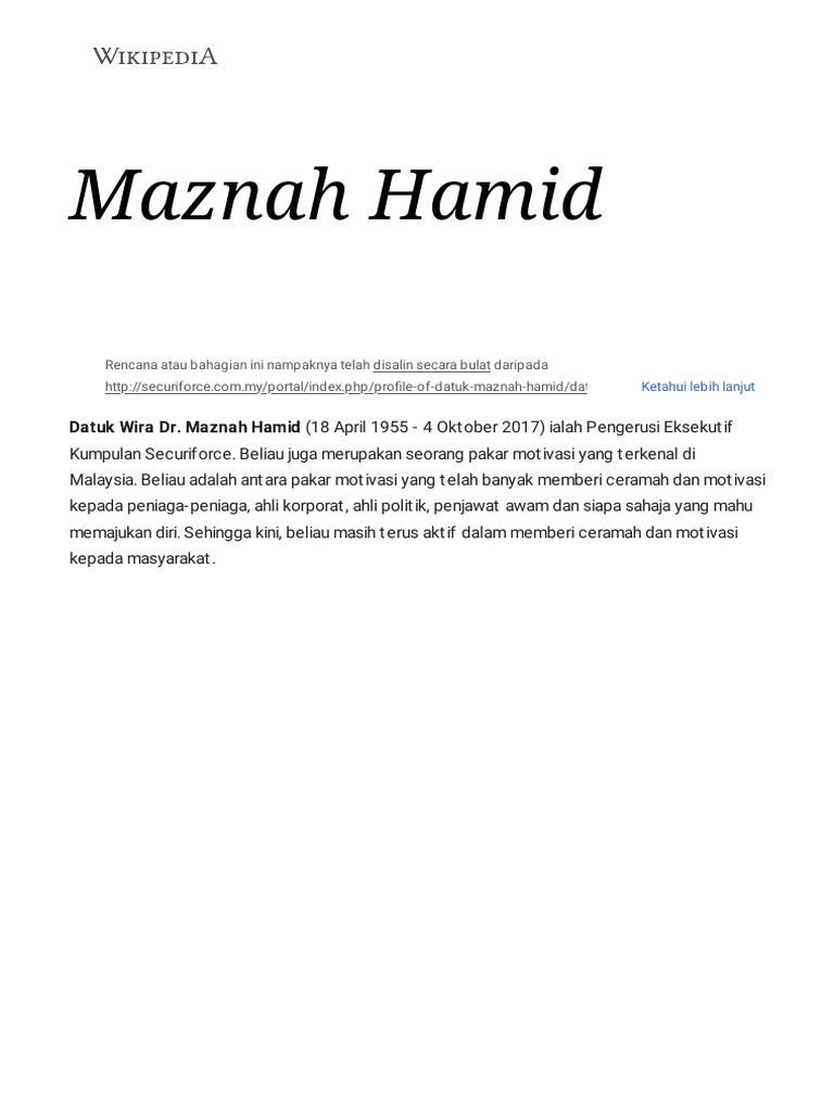 Maznah Hamid - Wikipedia Bahasa Melayu, Ensiklopedia Bebas | PDF