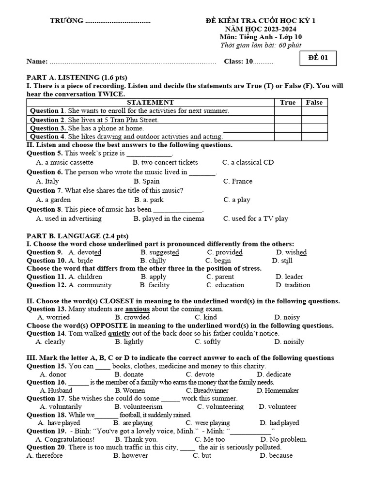 Đề HKI Anh 10 | PDF