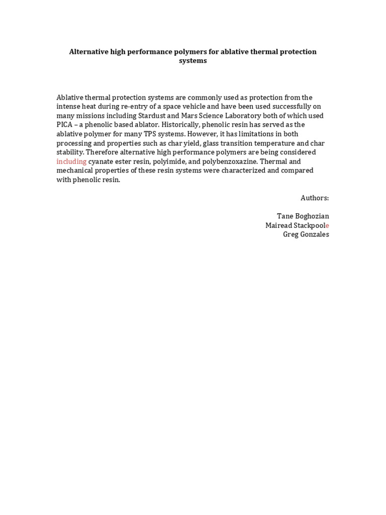 Alternative High Performance Polymers For Ablative Thermal Protection ...