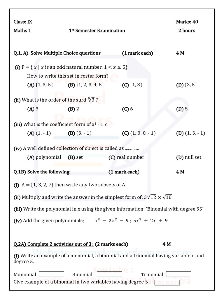 Maths 1 Std 9 Pdf