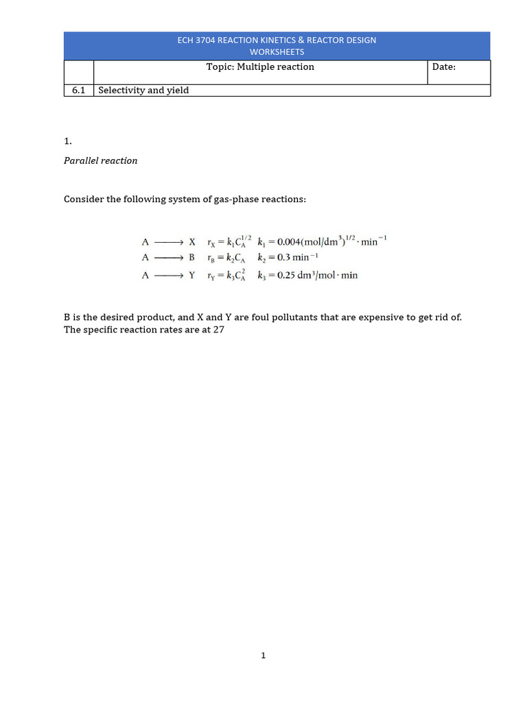ECH3707 Worksheets Multiple Reaction | PDF | Chemical Reactor | Unit ...