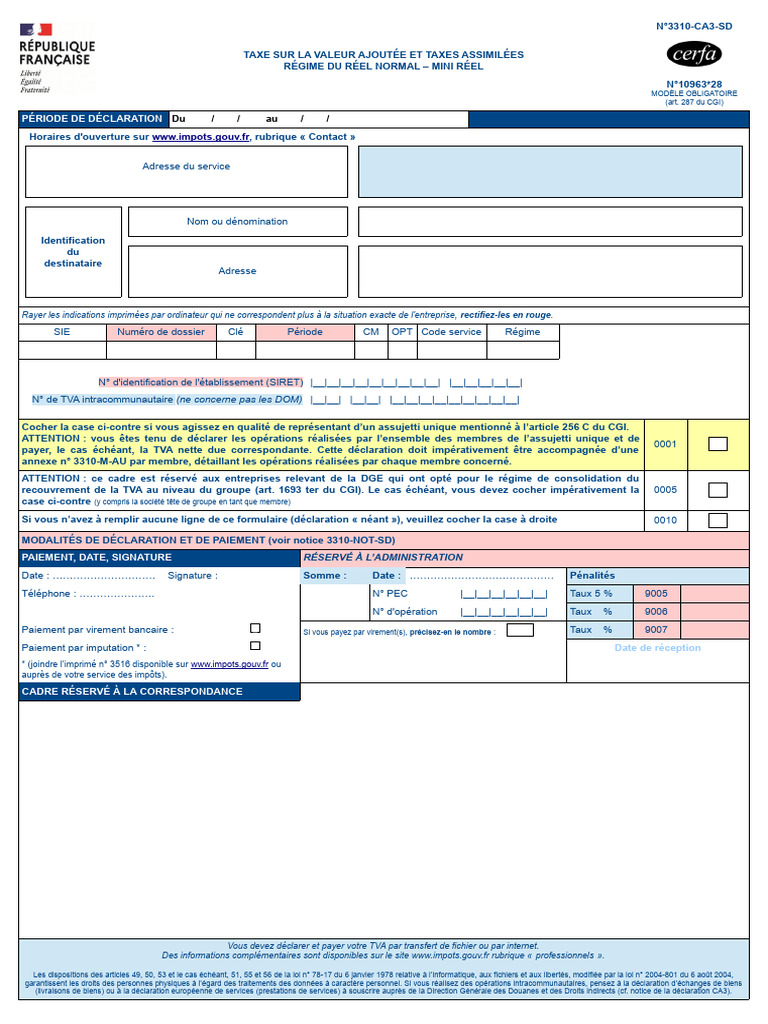 Déclaration de TVA CA3 - Modèle 3310 | PDF | Taxe sur la valeur ajoutée ...