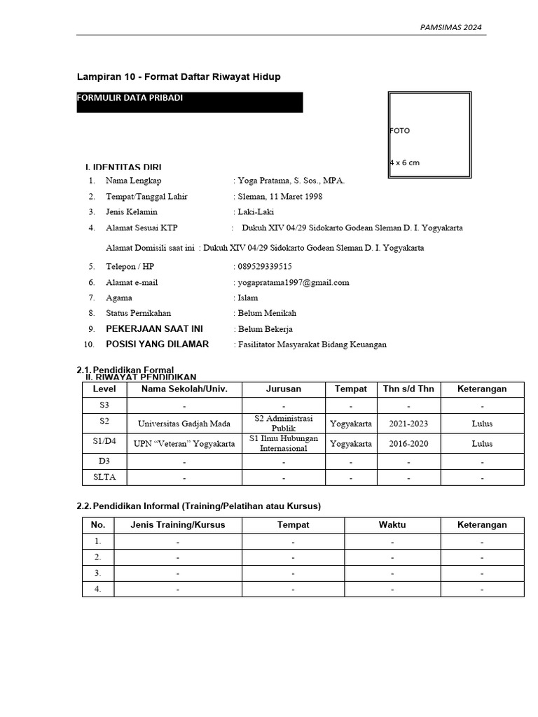 Format Dokumen Rekrutmen PAMSIMAS 2024 BPPW DIY | PDF