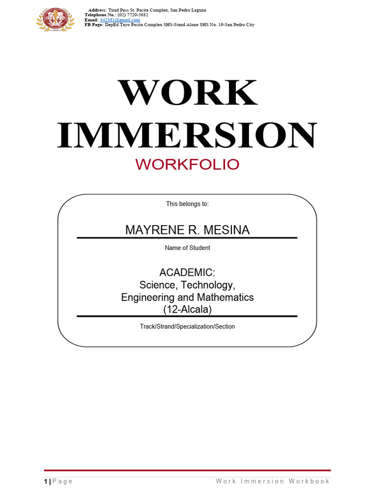 Work Immersion WORKBOOKupdated | PDF | Learning | Behavior Modification