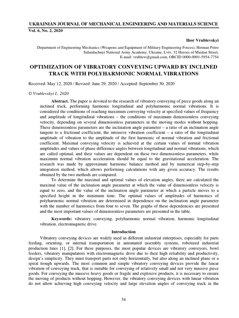 2020 Optimizatio of Vibratory Conveying Upward by Inclined Track With ...