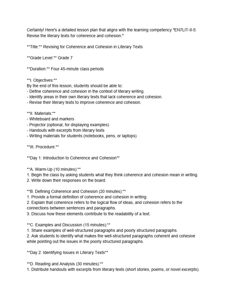 Revising for Coherence and Cohesion in Literary Texts | PDF | Paragraph ...