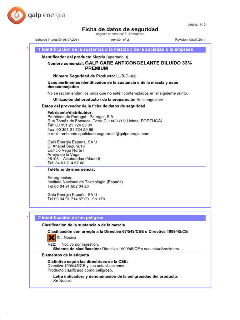 Ficha de Seguridad: Anticongelante GALP 33% | PDF