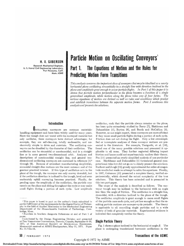 1972 Particle Motion On Oscillating Conveyors I | PDF | Force | Oscillation