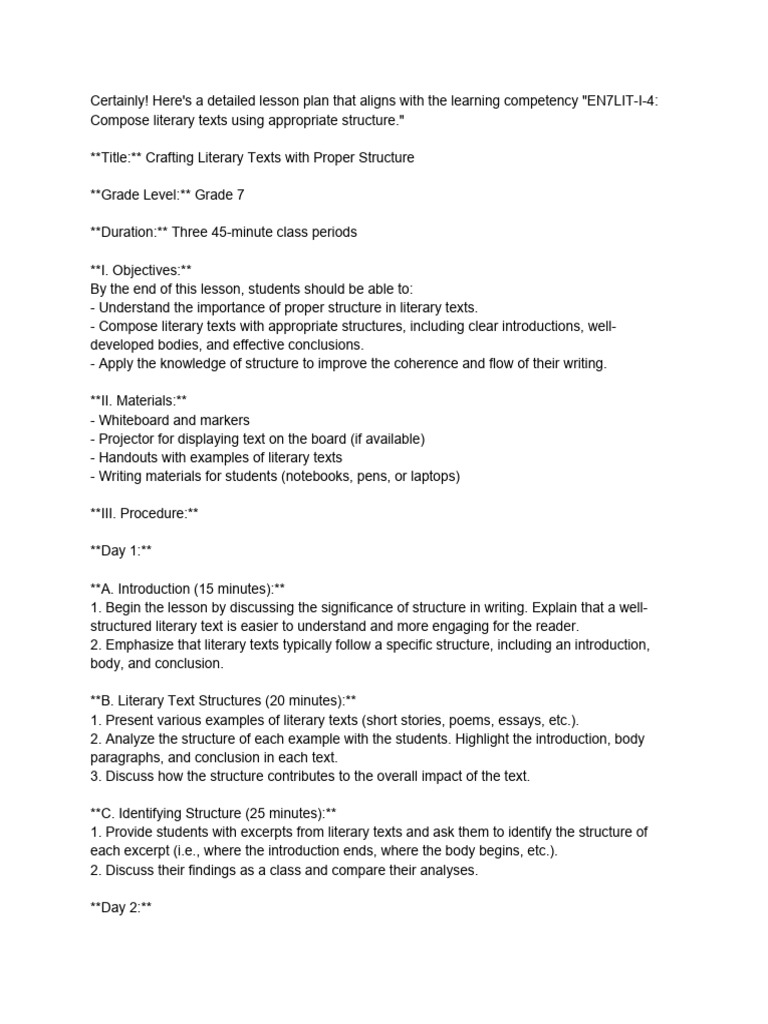 Structuring Literary Texts Lesson Plan | PDF | Lesson Plan | Writing