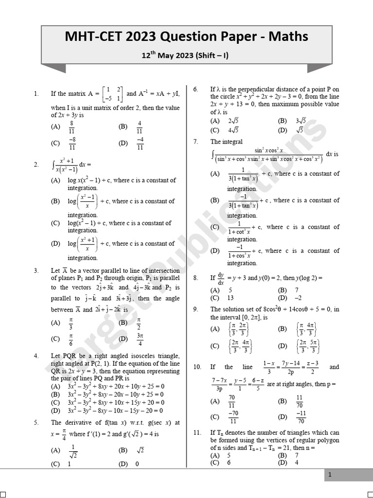 MHT-CET 2023 Question Paper - Maths - 6474411f26a77 | PDF | Triangle | Trigonometric Functions