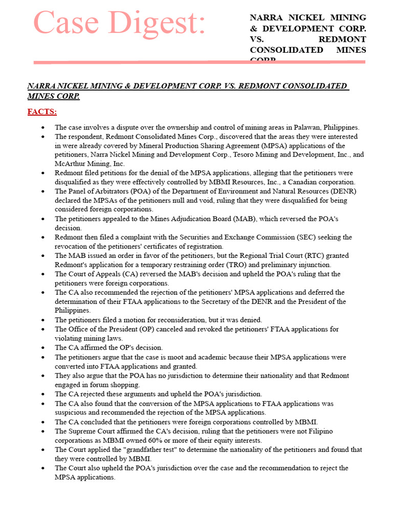 Case Digest - NARRA NICKEL MINING vs. REDMONT | PDF | Injunction ...