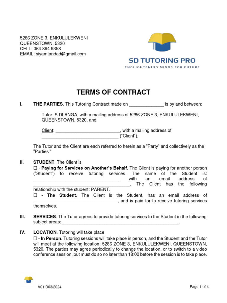 SD Tutoring Pro-Contract-Document | Download Free PDF | Indemnity | Private Law