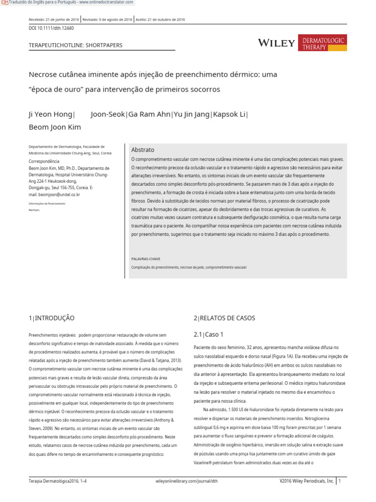 Necrose Cutânea Iminente Após Injeção de Preenchimento Dérmico: Uma ...