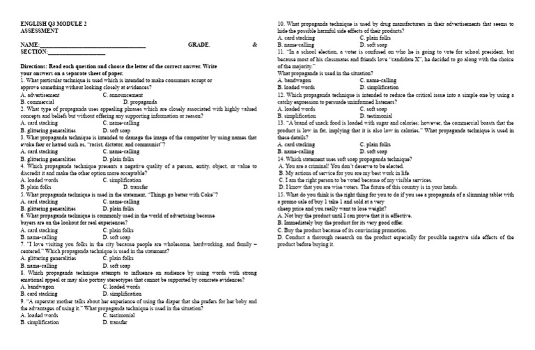 English Q3 Module 2 Assessment | PDF | Propaganda | Human Communication