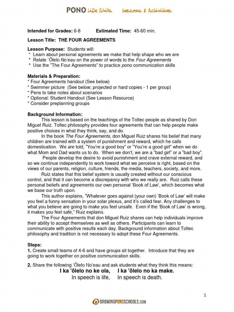 The Four Agreements Lesson Resource | PDF | Communication | Cognition