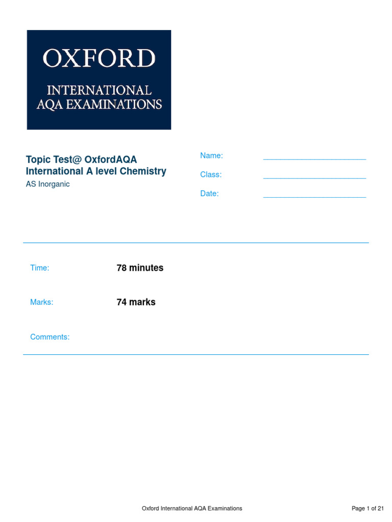 Topic Test Oxfordaqa Int A Level Chemistry As Level Inorganic | PDF ...