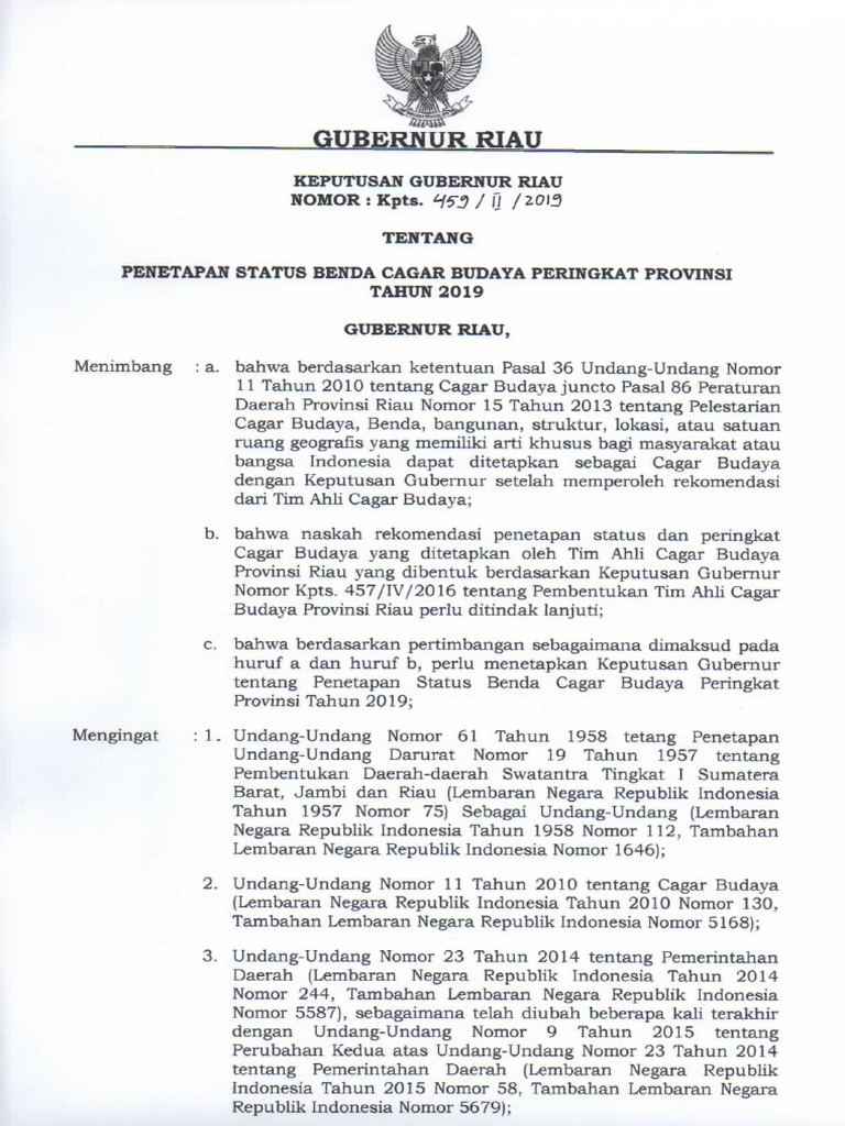 SK Keputusan Gubernur Riau No 459 Tahun 2019 Penetapan CB Riau | PDF