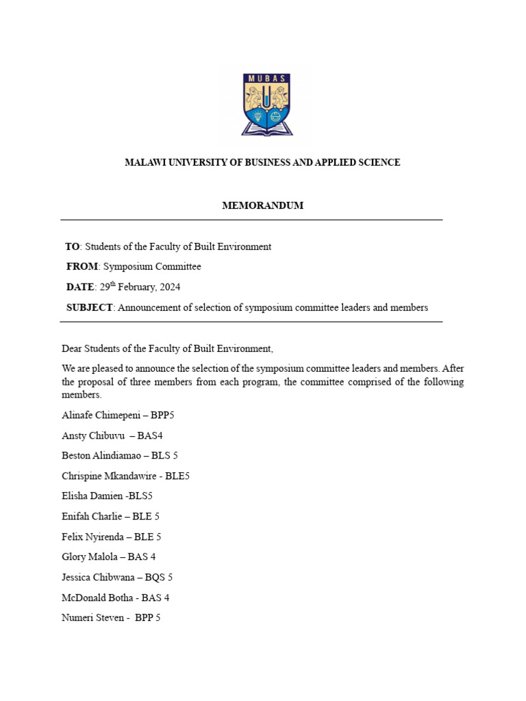 Memo Annoucement of Symposium Commitee Leaders and Members | PDF