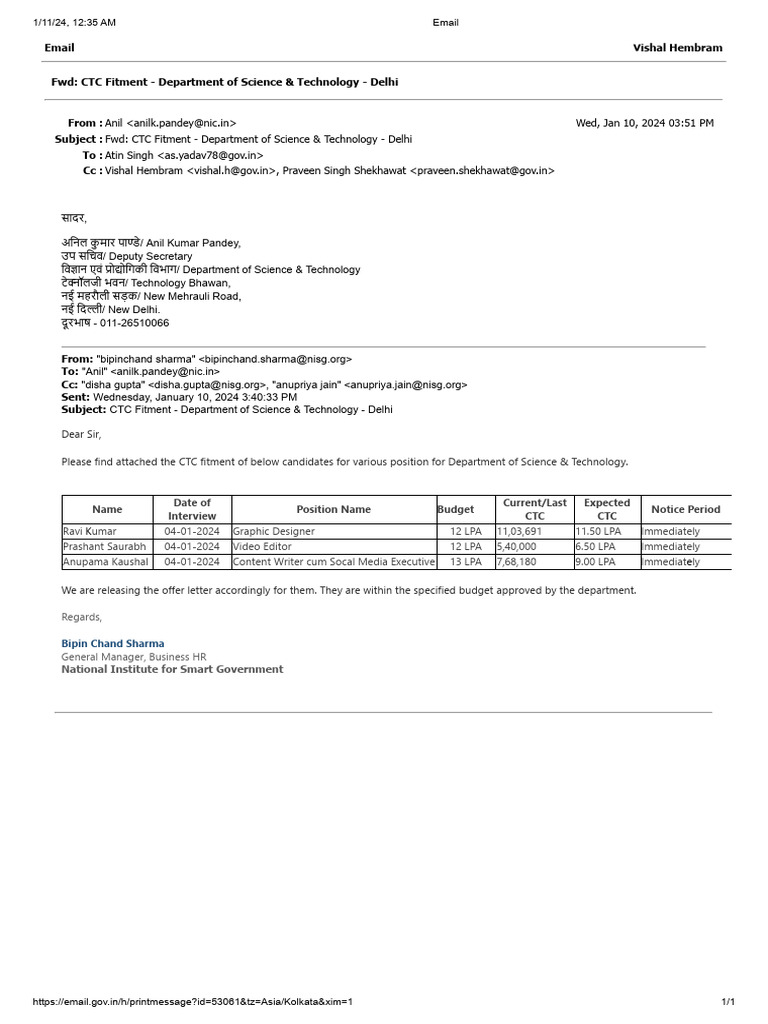 Dear Sir, Please Find Attached The CTC Fitment of Below Candidates For ...