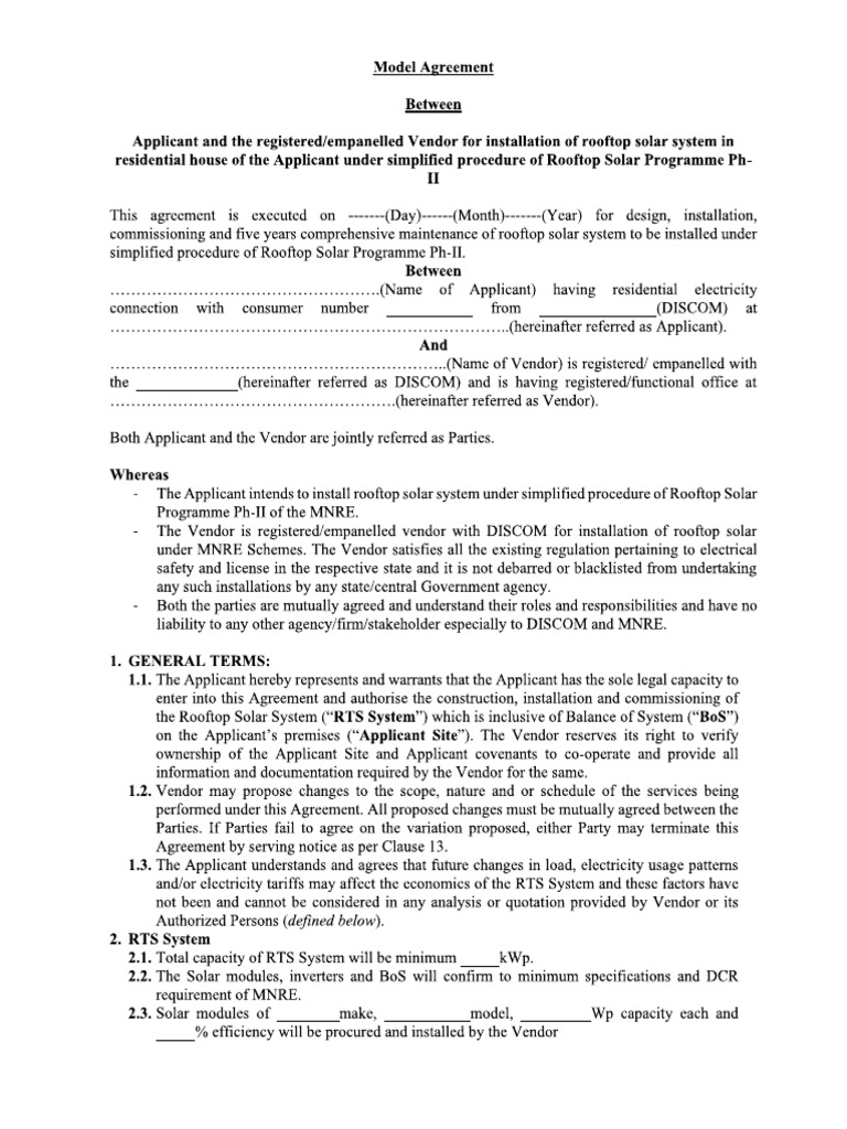 Soloar Vendor Agreement Format | PDF