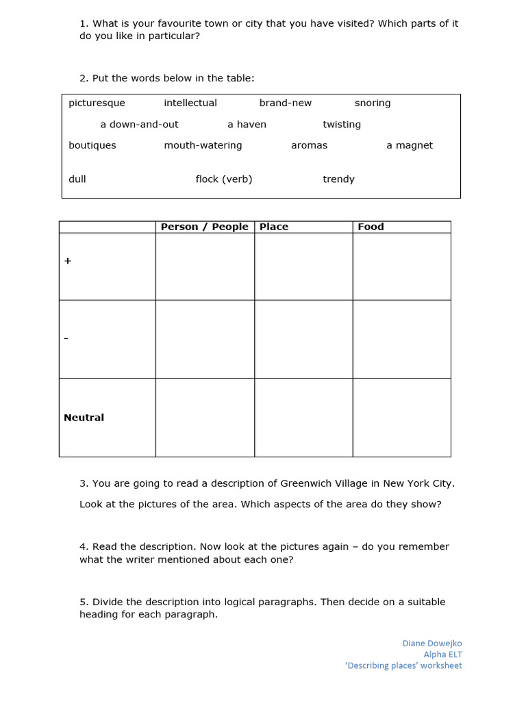 Describing Places Worksheet | PDF | Sentence (Linguistics)