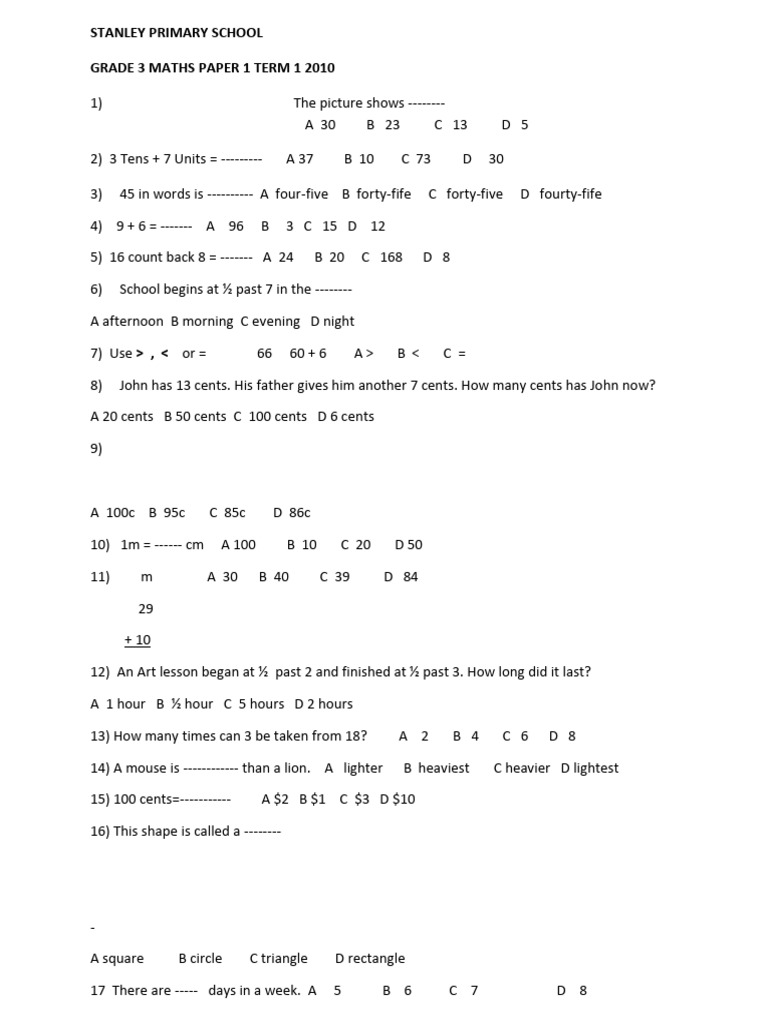 Grade 3 Maths Exam Paper 2010 | PDF | Teaching Methods & Materials ...