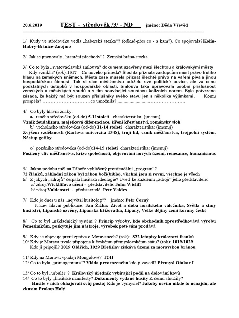 TEST Stredovek ND III Odpovědi 1 | PDF