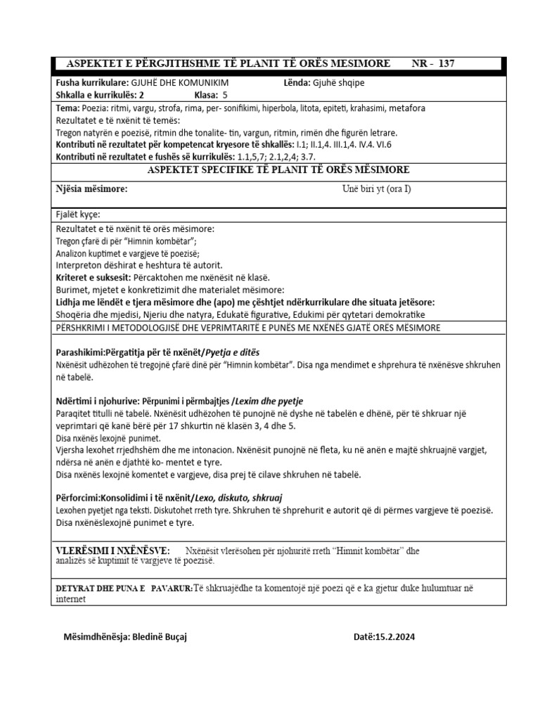 Aspektet e Përgjithshme Të Planit Të Orës Mesimore NR | PDF
