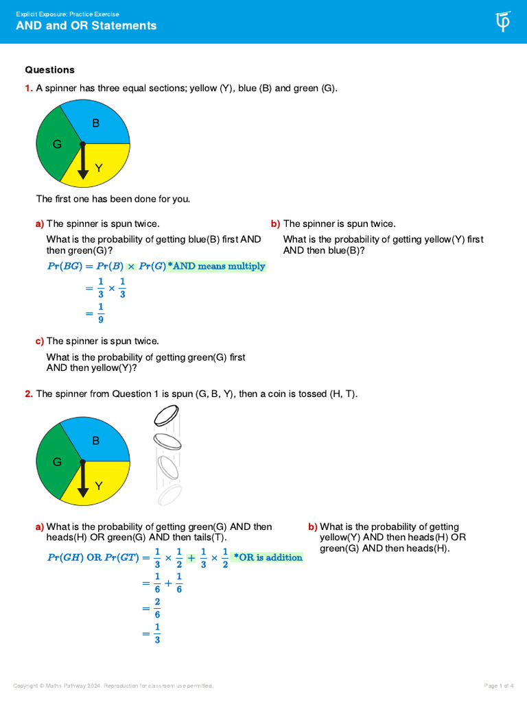 AND and OR Statements: PR (BG) PR (B) × PR (G) AND Means Multiply | PDF ...