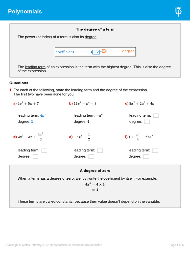 Polynomials: The Degree of A Term | PDF | Polynomial | Mathematical Analysis