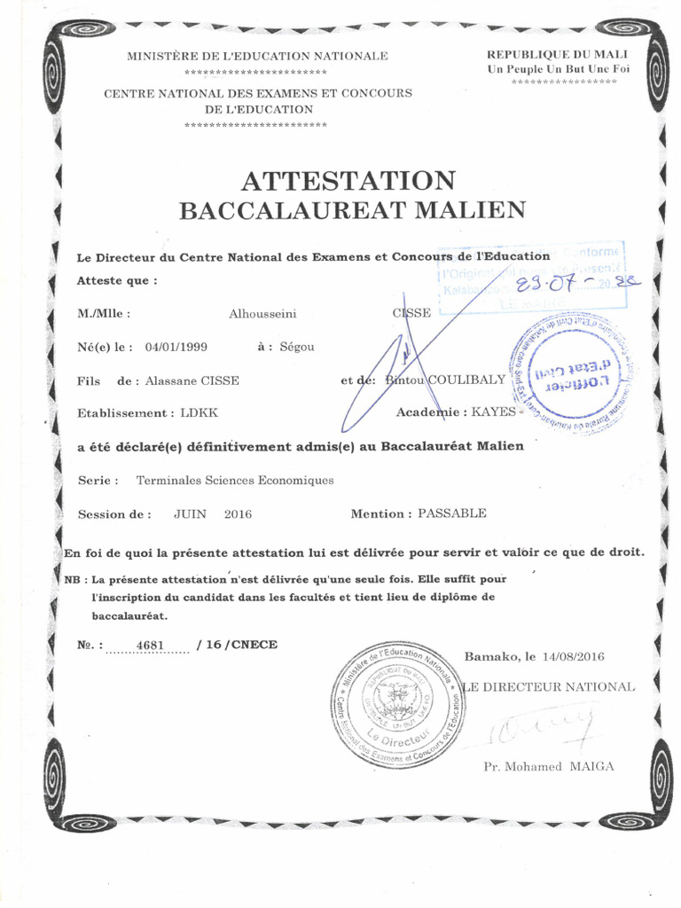 Attestation BAC | PDF