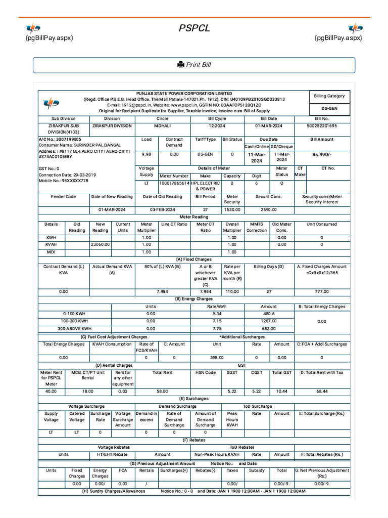 PSPCL Bill | PDF | Fee | Economies