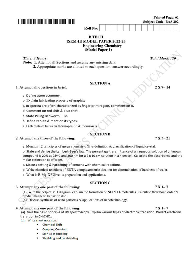 Engineering Chemistry Model Paper 2022-23 | PDF | Chemistry | Chemical ...