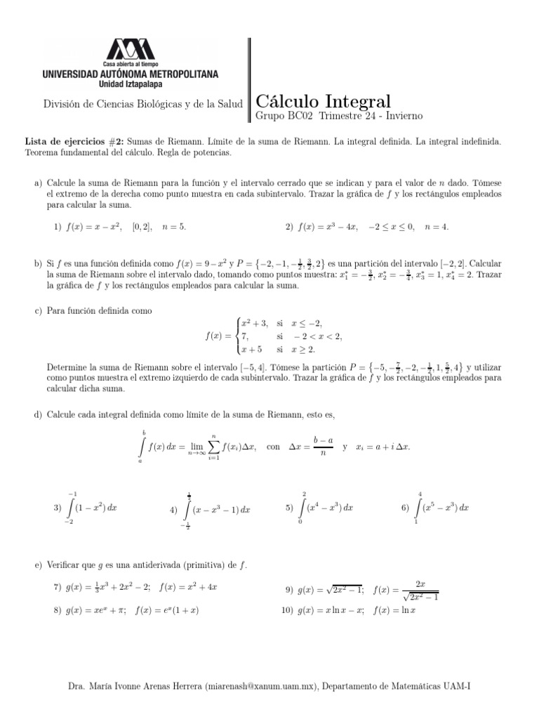 Calculo Integral Lista de Ejercicios 2 | PDF | Integral | Relaciones matematicas
