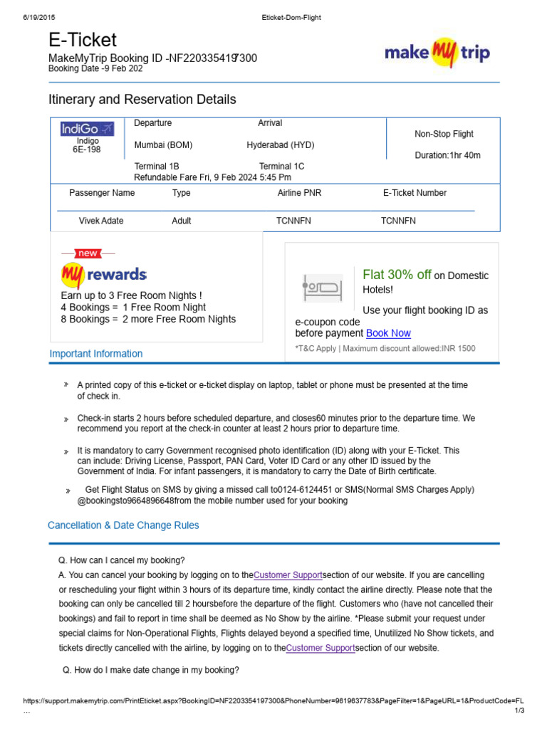 Sample Makemytrip Flight Ticket | PDF | Identity Document | Mobile App