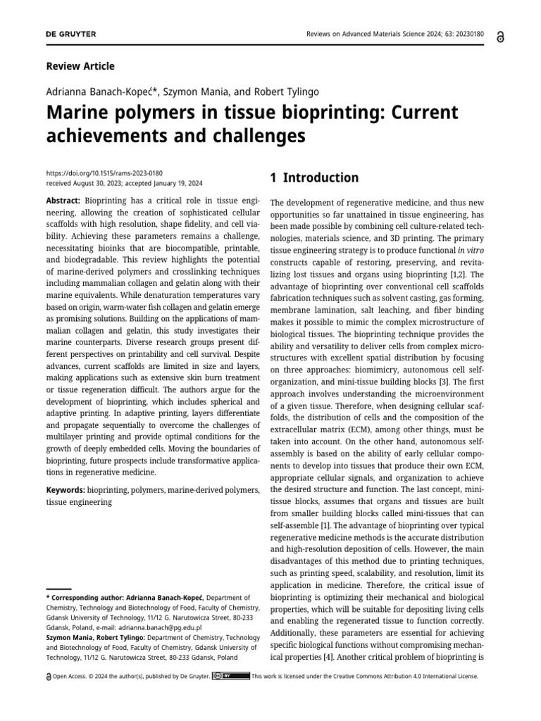 Marine Polymers in Tissue Bioprinting Current Achievements and ...