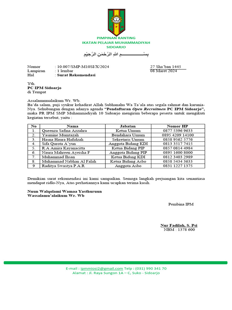 Surat Rekomendasi IPM Sidoarjo | PDF