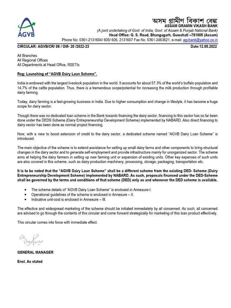 Cir. 08. AGVB Dairy Loan Scheme | PDF | Dairy | Loans