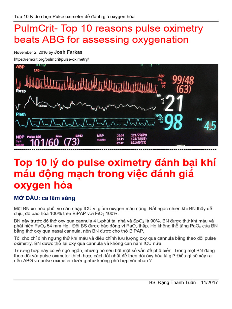 Top 10 ly do chon Pulse oximeter de danh gia oxygen hoa | PDF