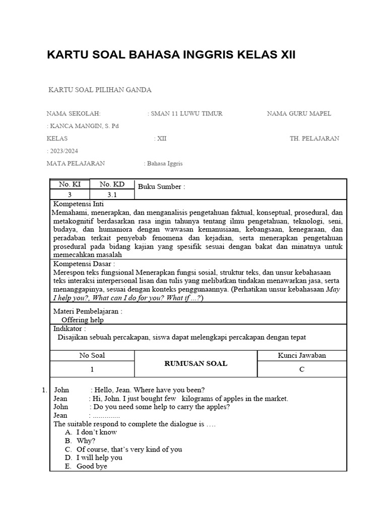 Contoh Kisi Kisi Dan Kartu Soal Bahasa Inggris Kelas Xii Lengkap Dengan Kunci Jawaban | PDF ...