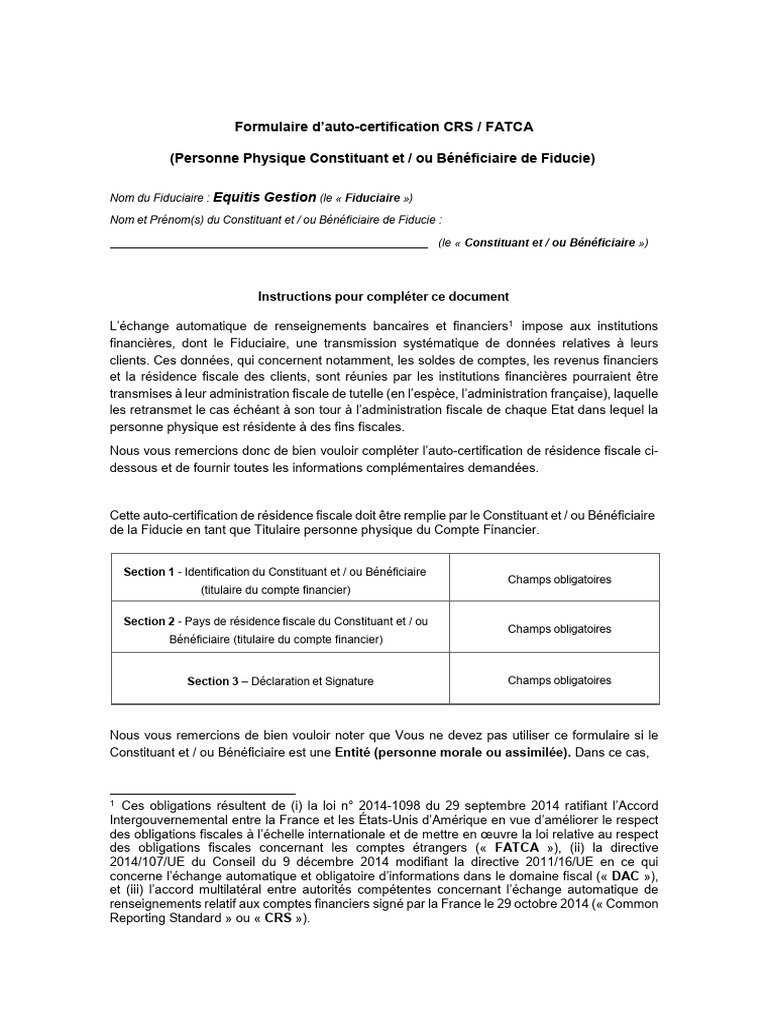 Formulaire d'Auto-Certification CRS/FATCA | PDF | Fiduciaire