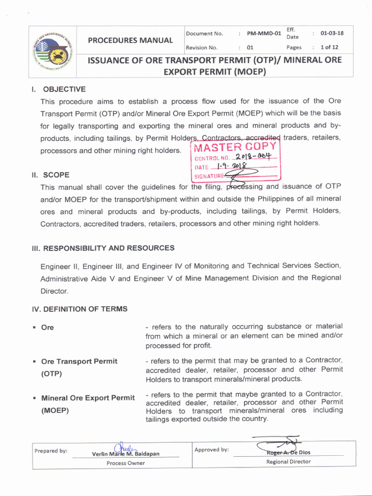 Procedures Manual MMD Issuance of Otp Moep | PDF | Pro Forma | Mining