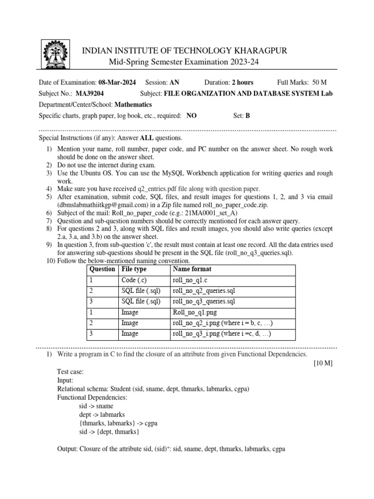 Indian Institute of Technology Kharagpur Mid-Spring Semester Examination 2023-24 | PDF | Sql ...