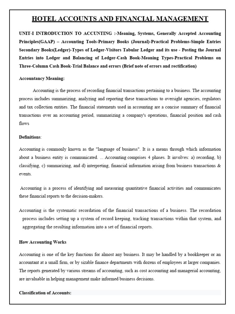 Unit - 1 ( Hotel Accounts) | PDF | Debits And Credits | Bookkeeping