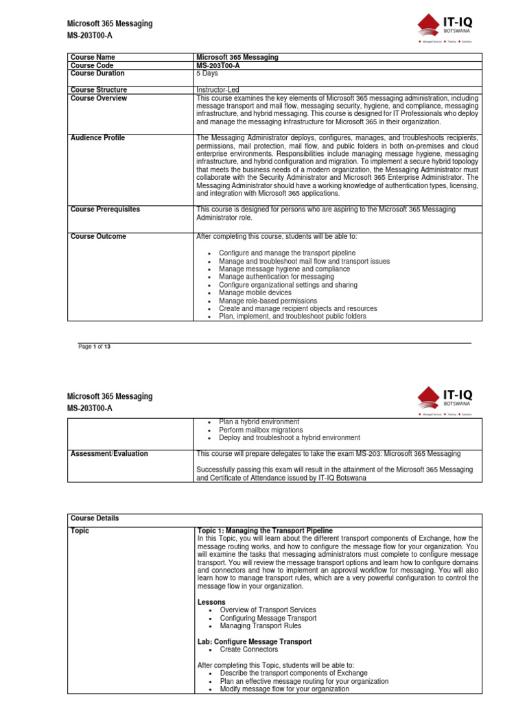 Microsoft 365 Messaging Course Overview | PDF