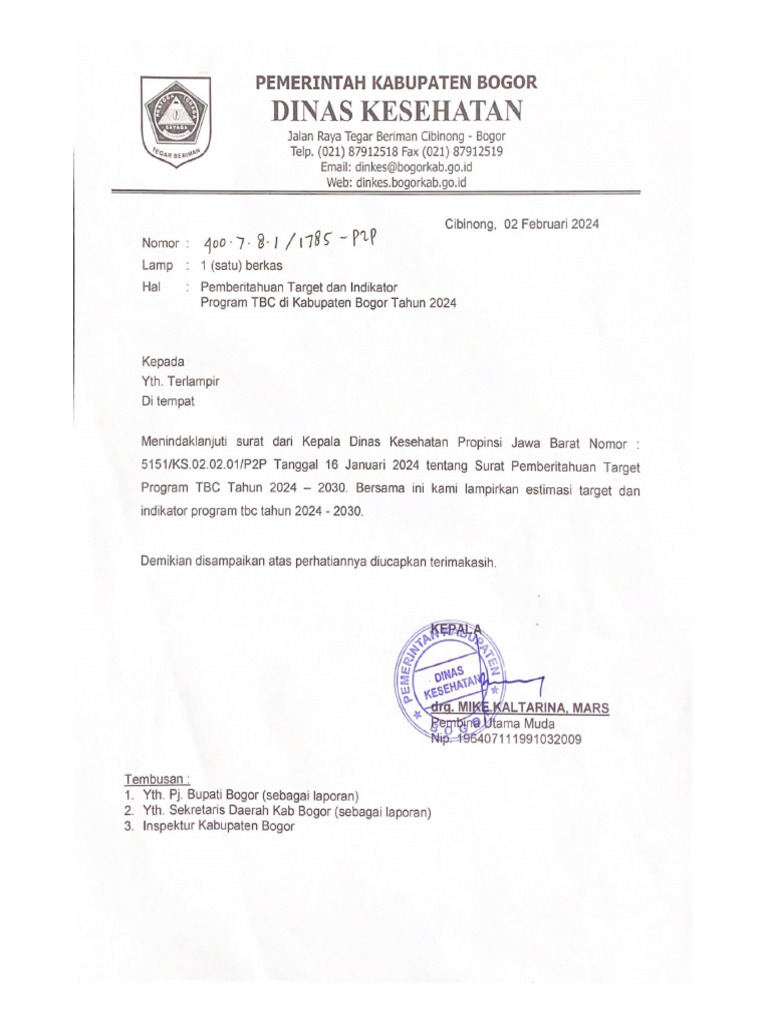 Surat Target Program TBC Kab Bogor Tahun 2024 - 240226 - 102315 | PDF