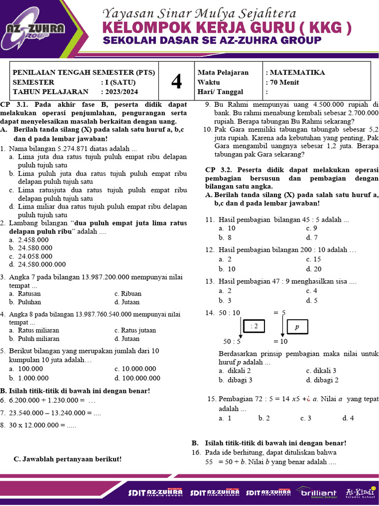 Soal PTS 1 - MTK Kelas 4 | PDF