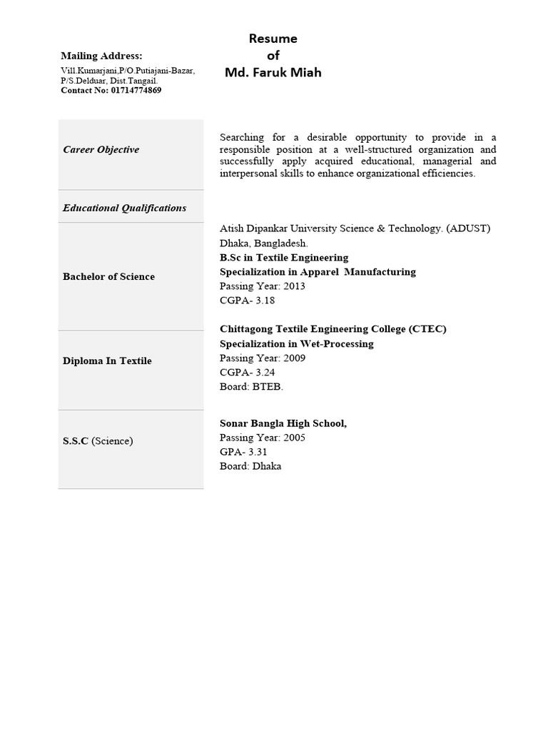 Faruk Miah CV | PDF | Textiles | Dyeing